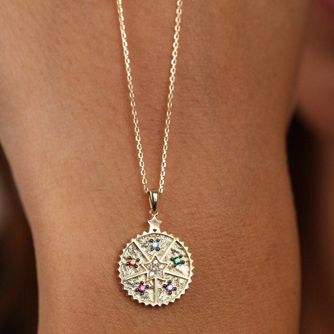 14K Gold Compass Star Necklace / Birthstones Compass Pendant for Women ...