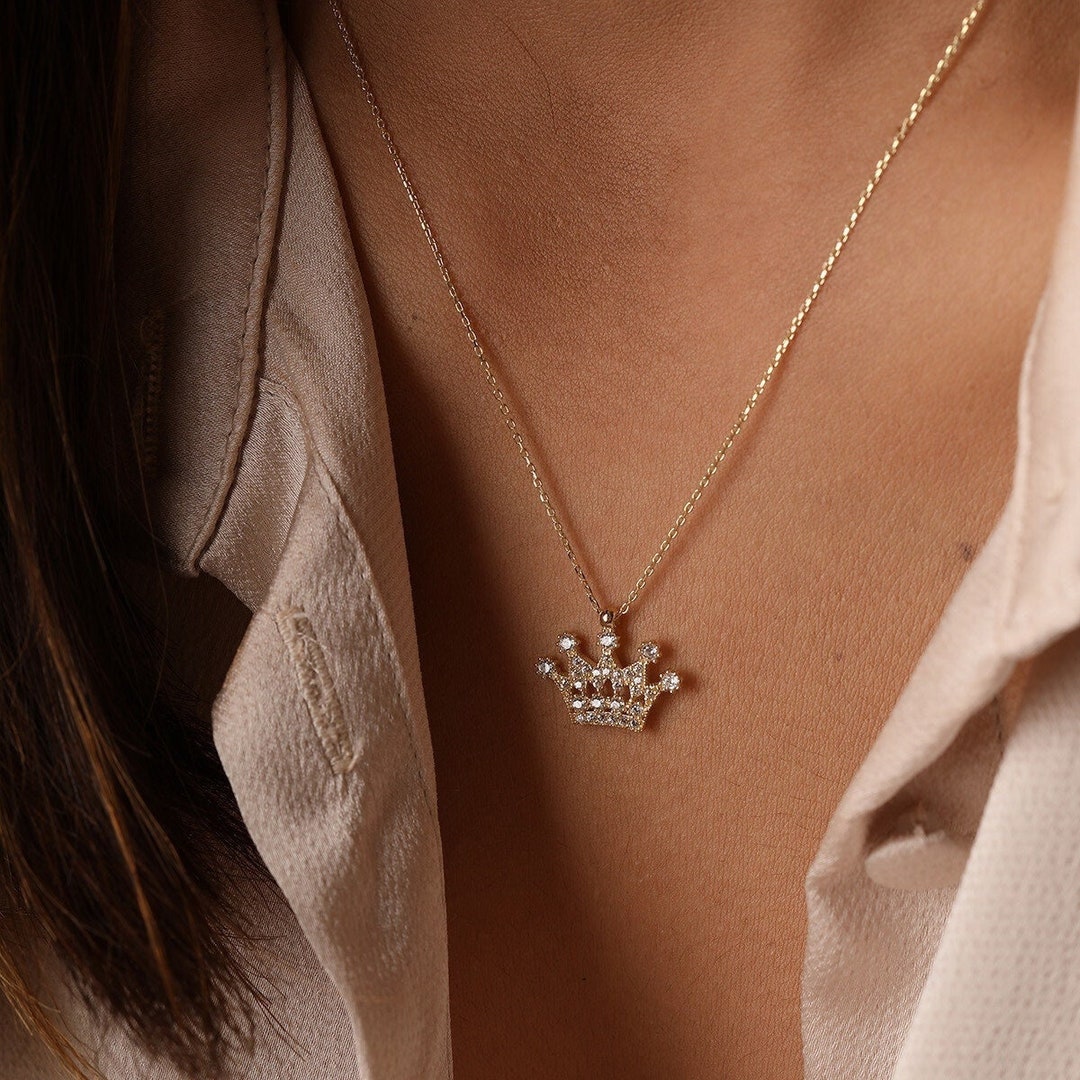 14K Gold Cz Crown Necklace- Dainty Cz Crown Necklace-vintage Queen ...