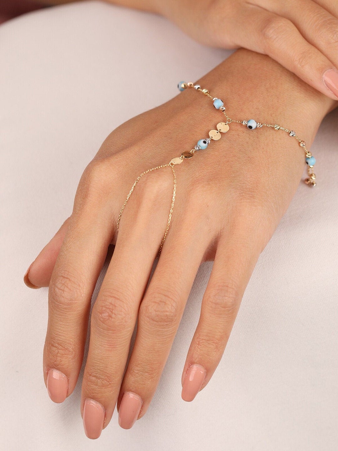 14K Solid Evil Eye Hand Chain Bracelet Layering Evil Eye Slave Bracelet ...