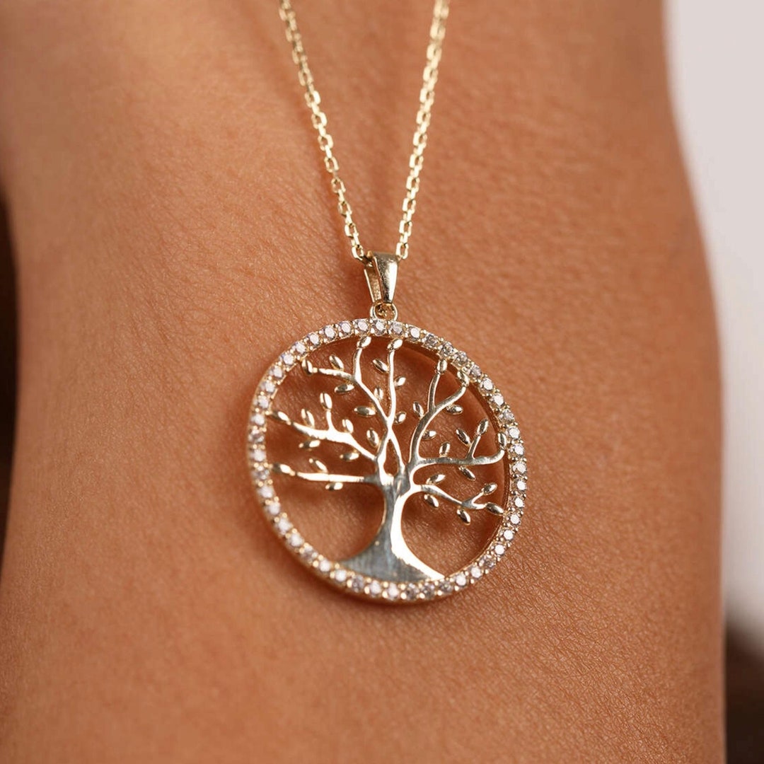 14K Gold Tree of Life Medallion Necklace-cz Circle Family Tree Life ...
