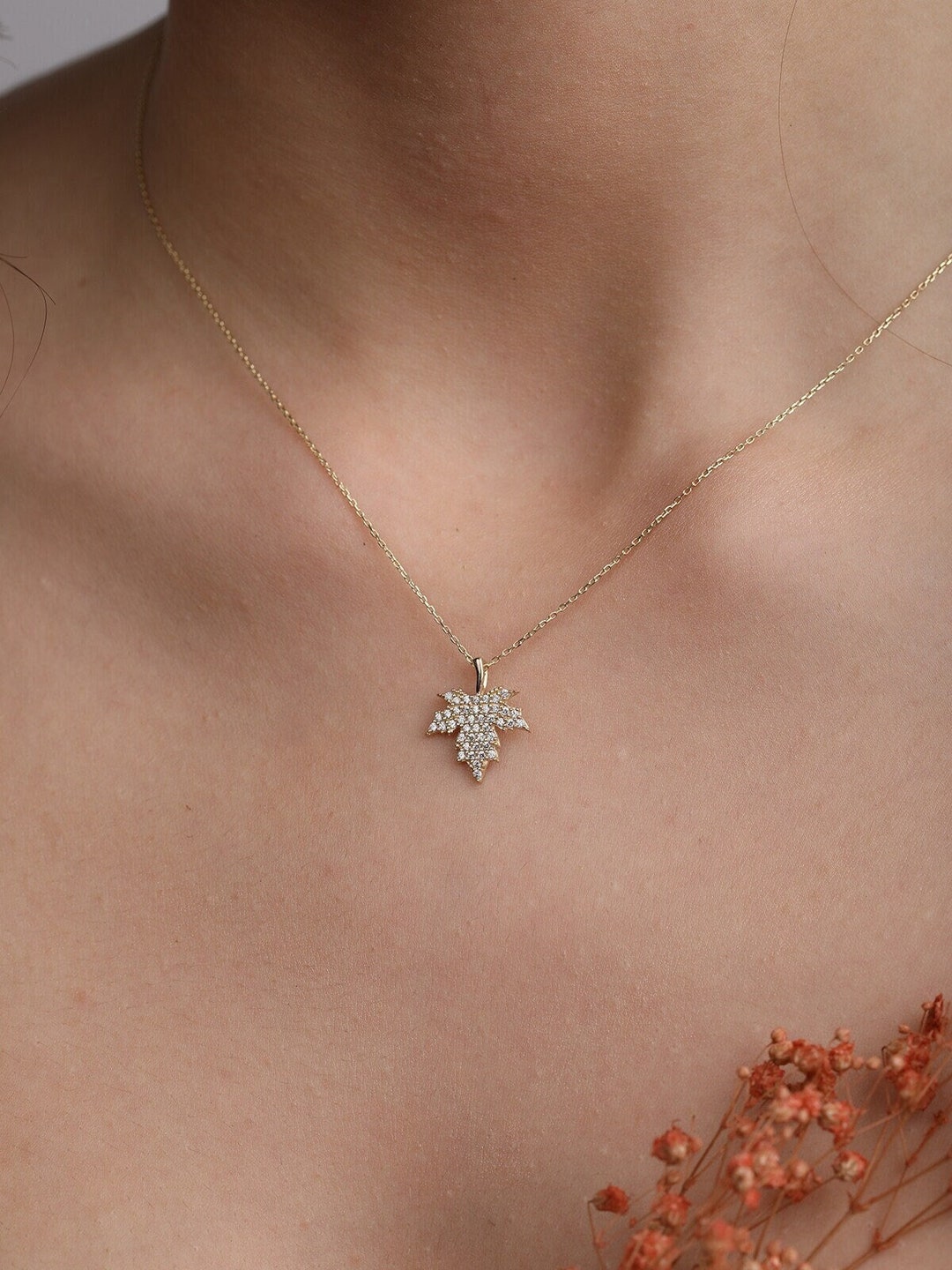 Cz Pave Maple Leaf Necklace- 14K Gold Maple Leaf Charm Pendant ...