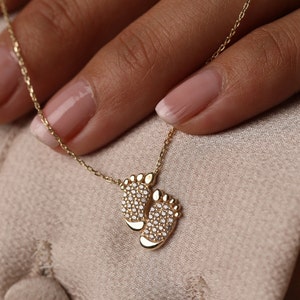 14K Solid Gold Baby Foot Necklace - CZ Baby Feet Mom Necklace - Mother ...