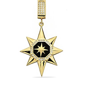 14K Gold Cz Compass Star Pendant W/ Black Enamel - North Star Charm ...
