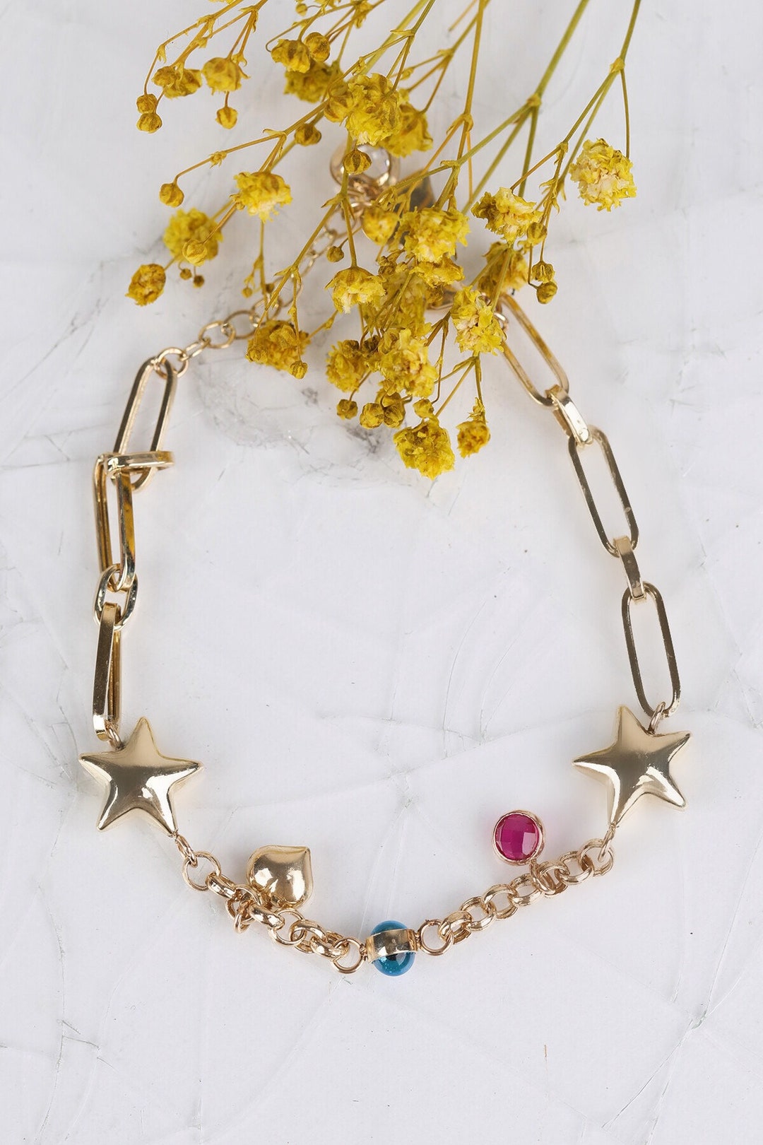 14K Gold Paper Clip Star and Heart Bracelet/ Bracelet for Women/gold ...