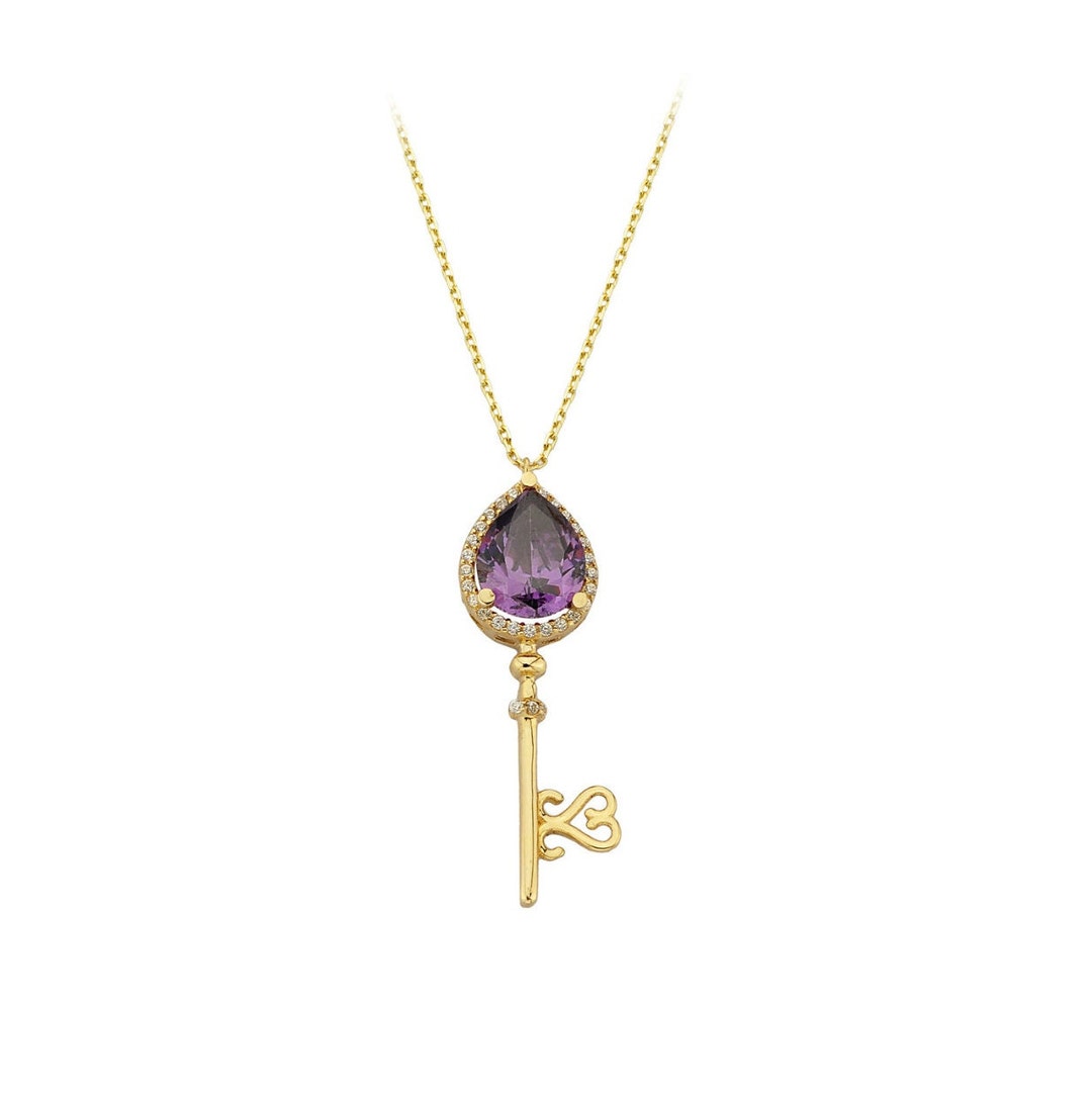 Pear Shaped Amethyst Halo Key Necklace 14K Gold Amethyst Key Pendant ...