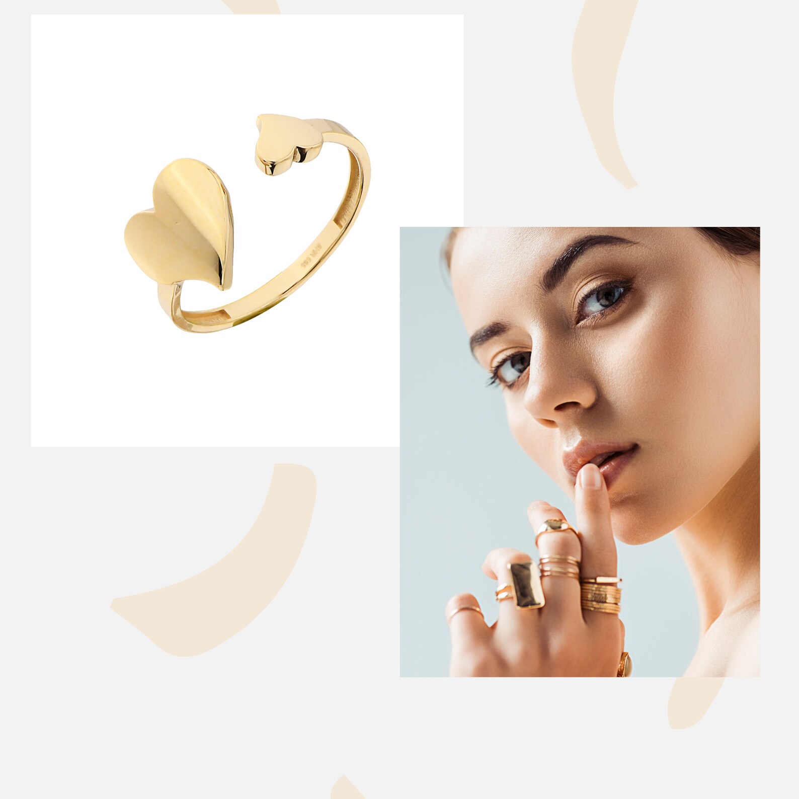 14K Gold Double Heart Ring, Engravable Initial Heart Ring, Couple Ring ...
