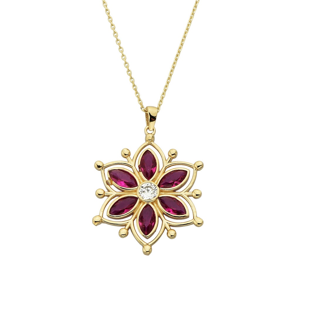 14K Solid Gold Ruby Flower Necklace- Pink Ruby Marquise Flower Necklace ...