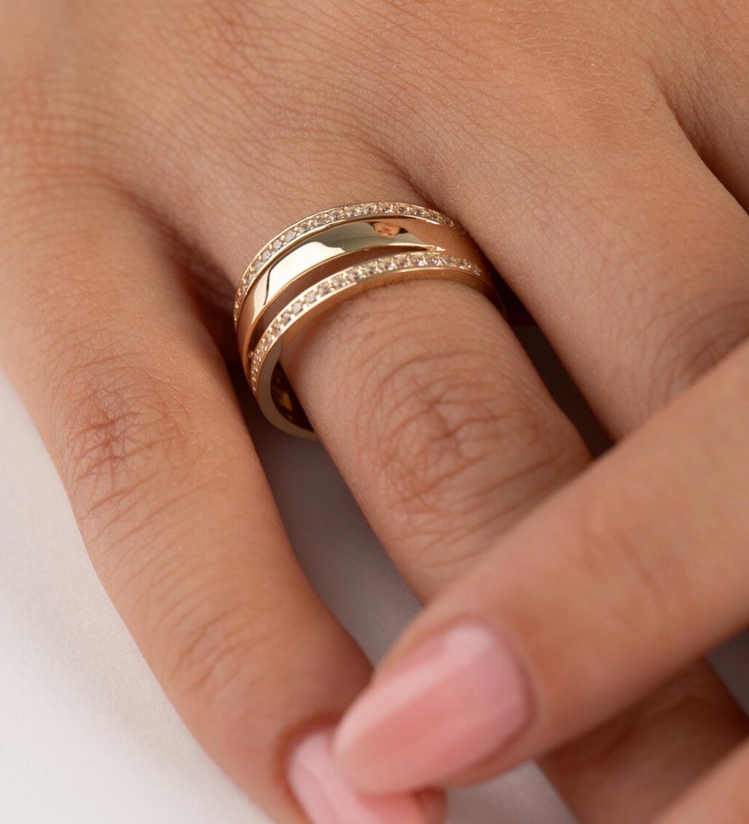 14K Gold Double Band Ring W/ Cz – Engravable Double CZ Stacking Ring ...
