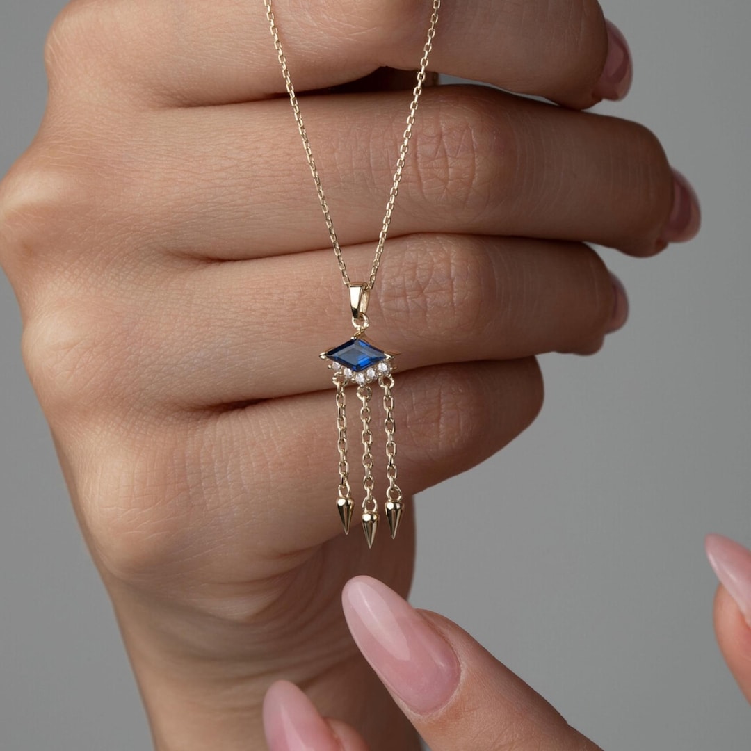 Blue Kite Dangle Chains Necklace 14K Gold Kite Blue Stone Necklace ...