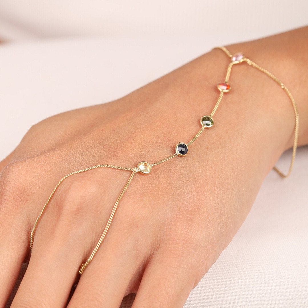 14K Solid Birthstone Station Hand Bracelet Bezel Dazzling Multicolor ...