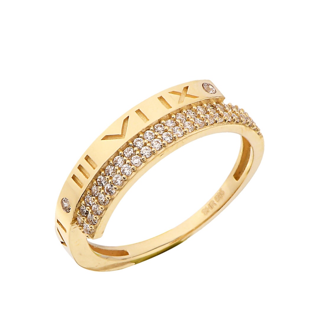14K Gold Roman Numeral Ring- Cz Pave Roman Numeral Band Ring- Vintage ...