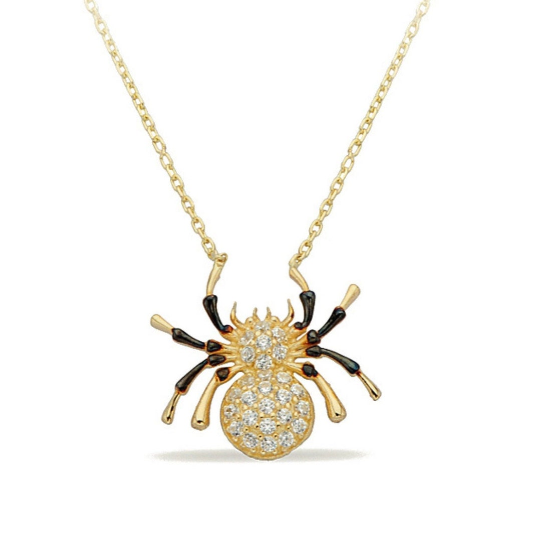 14K Solid Gold Spider Necklace/ Spider Charm Pendant/ Minimalist Cz ...