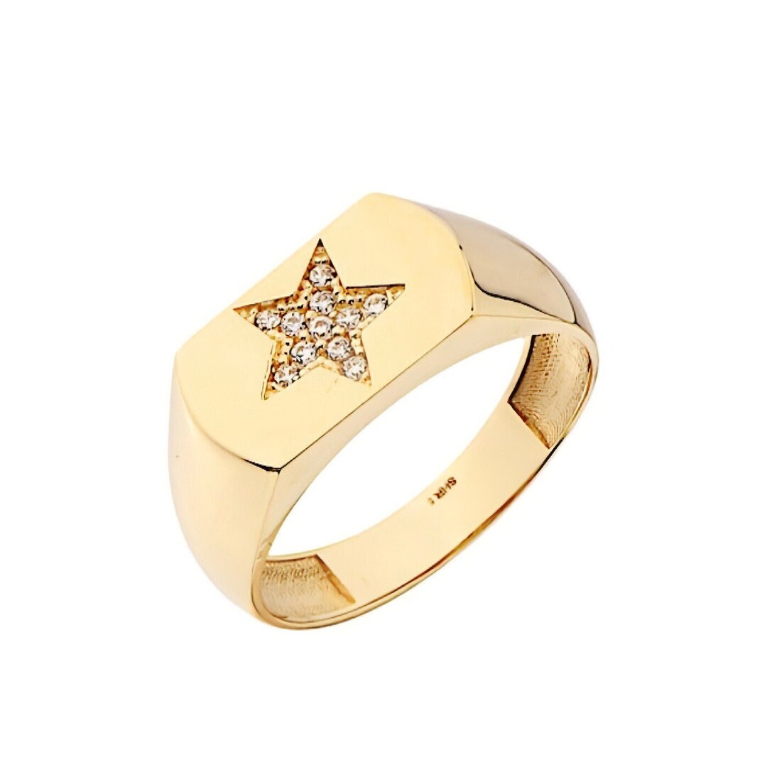14K Gold Star Signet Ring- Pave Cz Star Signet Ring- Starburst Signet ...
