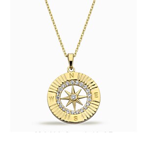 14K Gold Medallion Compass Necklace Cz Northstar Compass Pendant ...