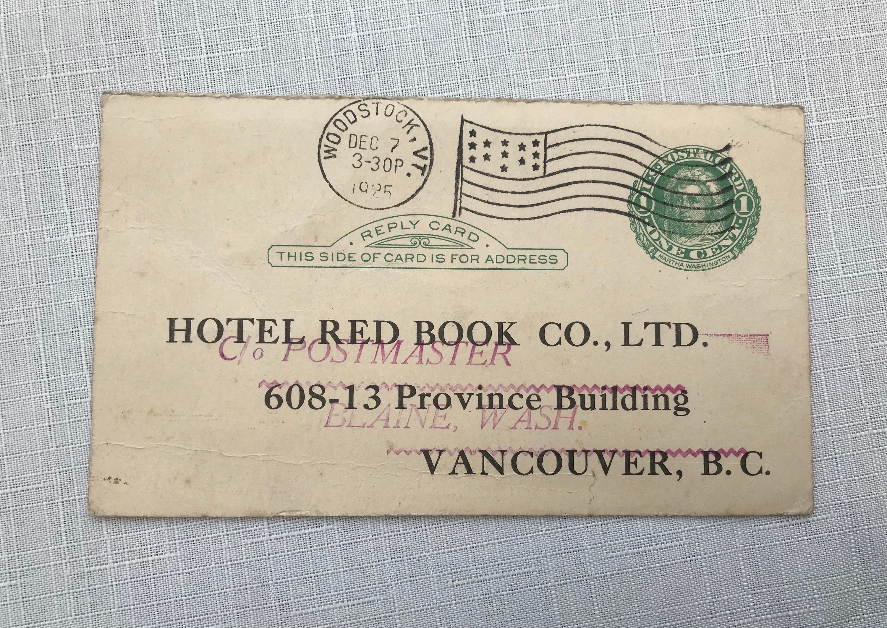 Rare Vintage Hotel Red Book Reply Card 1925 Woodstock V T Post Mark - Etsy