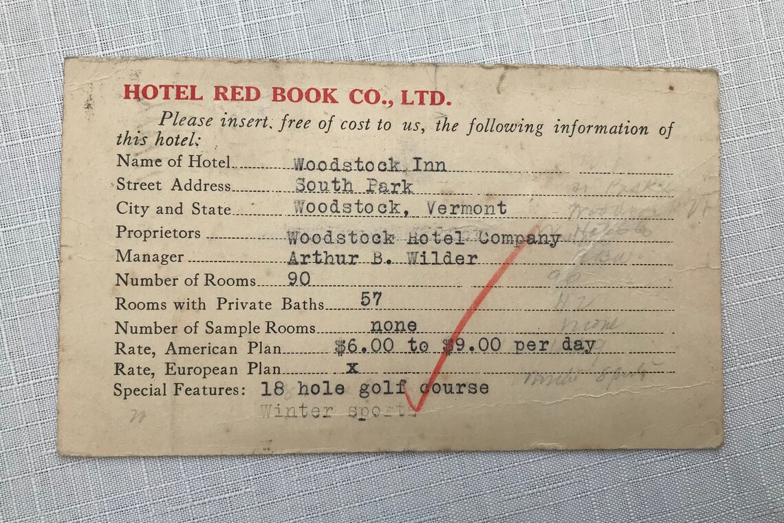 Rare Vintage Hotel Red Book Reply Card 1925 Woodstock V T Post Mark - Etsy