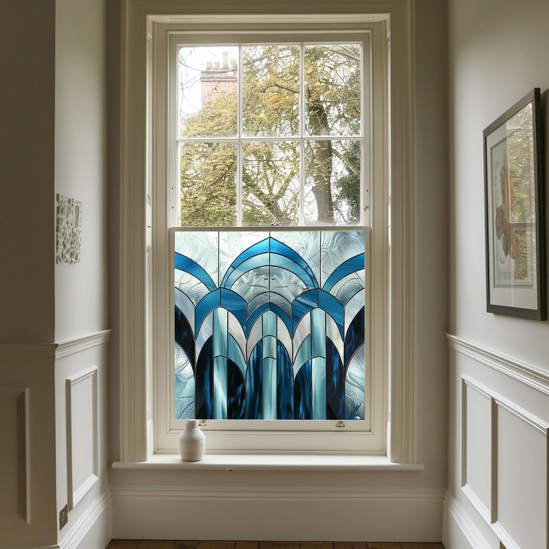 Blue Art Deco Privacy Window Film, Decorative Stained Glass - Etsy