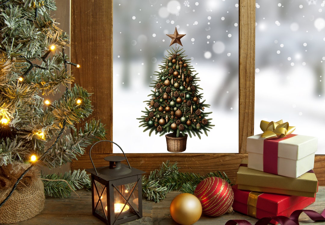 Christmas Tree Window Sticker, Christmas Wreath Decal, Double-sided ...