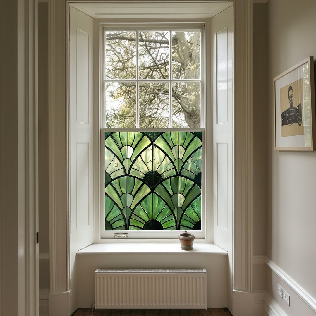 Art Deco Privacy Window Film, Green Stained Glass Style - Etsy