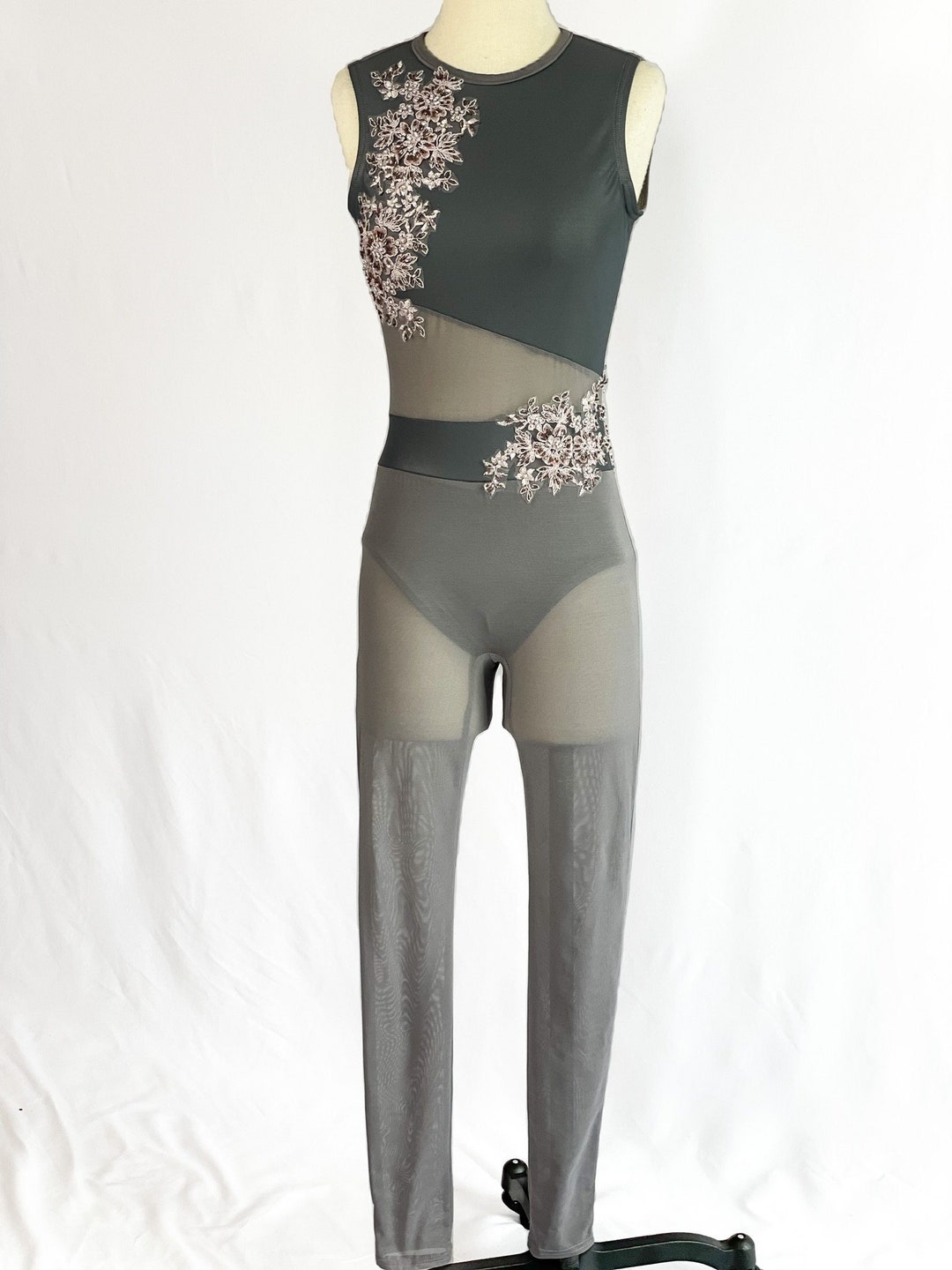 New Dance Costume Gray Unitard With Light Mauve 3D Beaded Appliques - Etsy