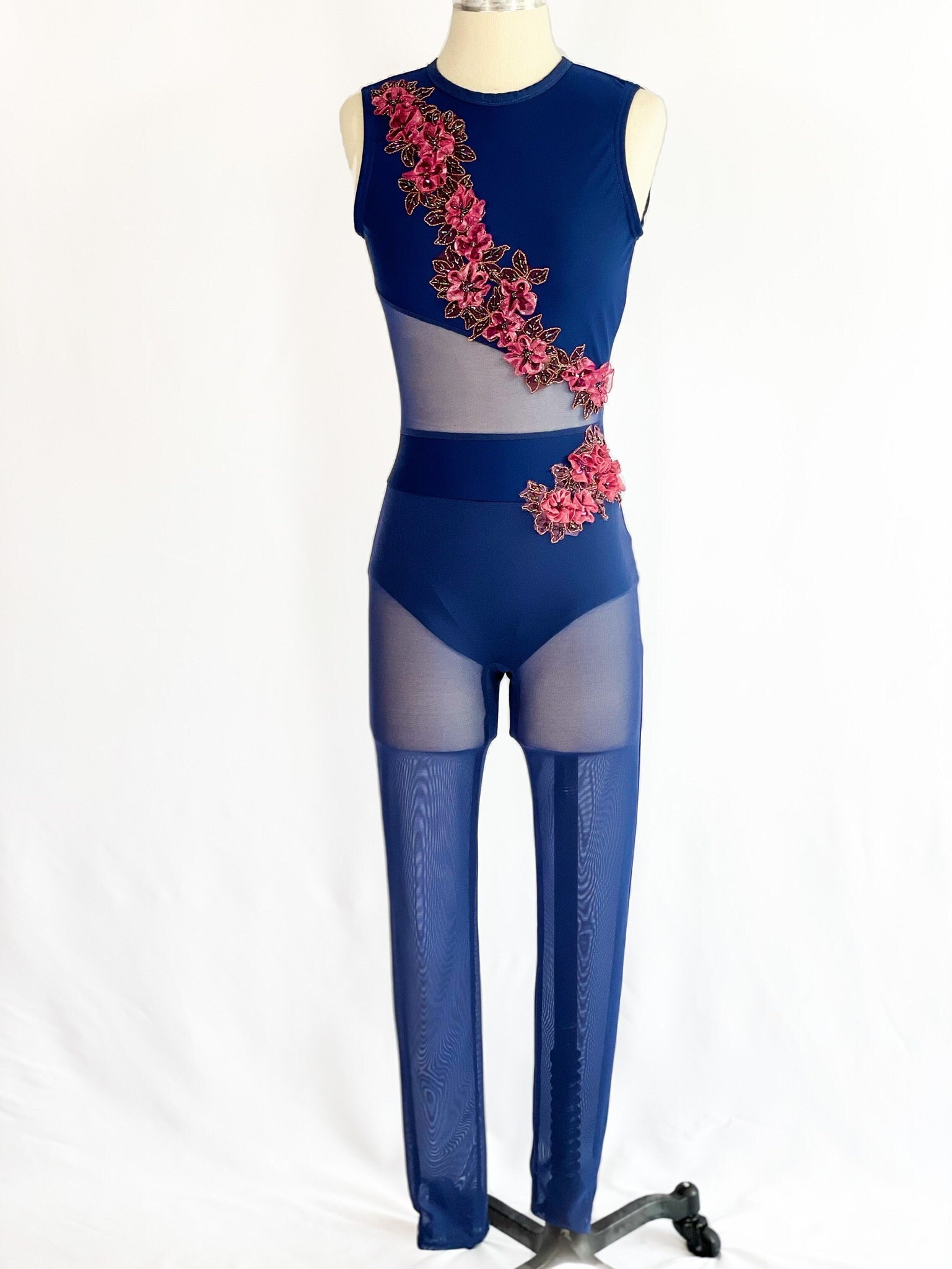 New Adult Size Dance Costume Navy Blue Unitard With Pink 3D Beaded ...