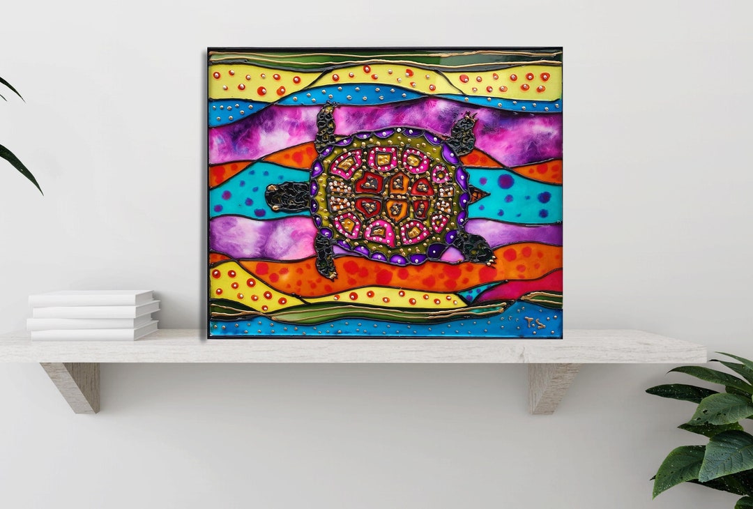 Colorful Turtle Stained Glass Panel, Unique Glass Painting Art for Wall ...