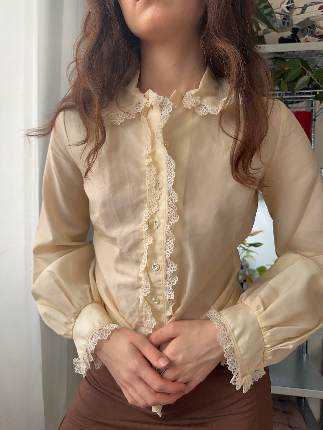 Vintage 60s Beige Ruffle Blouse | Retro Long Sleeve Romantic Blouse ...