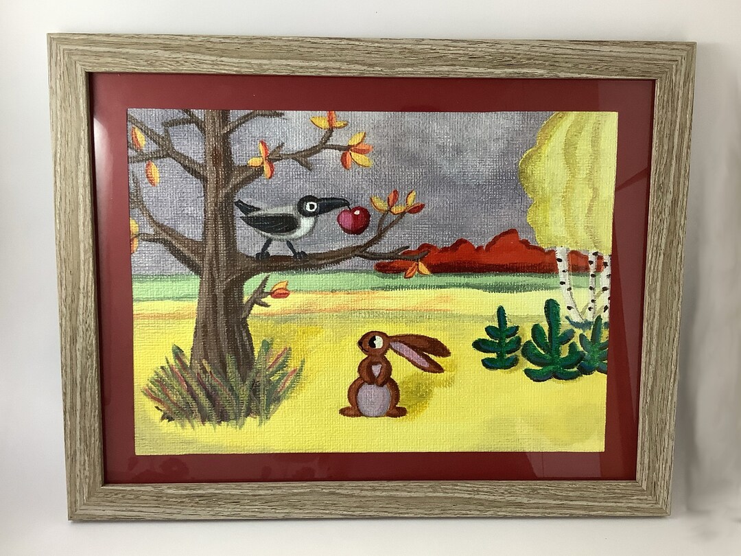 Acrylic Painting of Magpie, Rabbit, and Apple in Naive Style | Cartoon ...