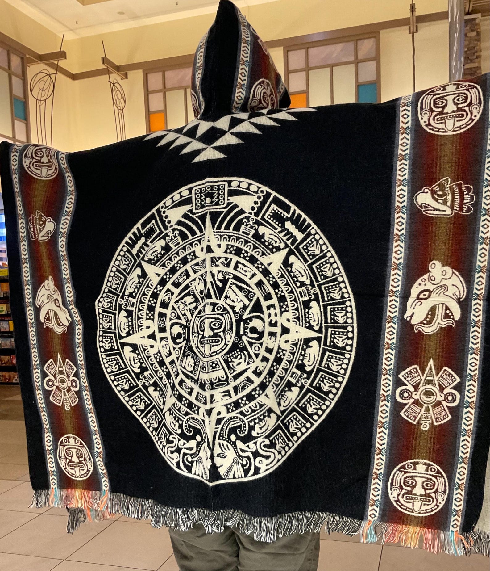 Alpaca Wool Poncho, Aztec Calendar, Light Soft and Warm With Hood, One ...