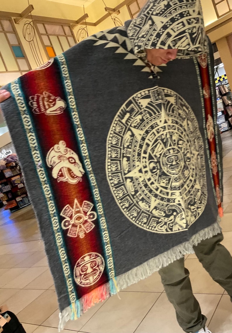 Handmade Alpaca Wool Poncho: Aztec Calendar Design, Handcrafted by ...