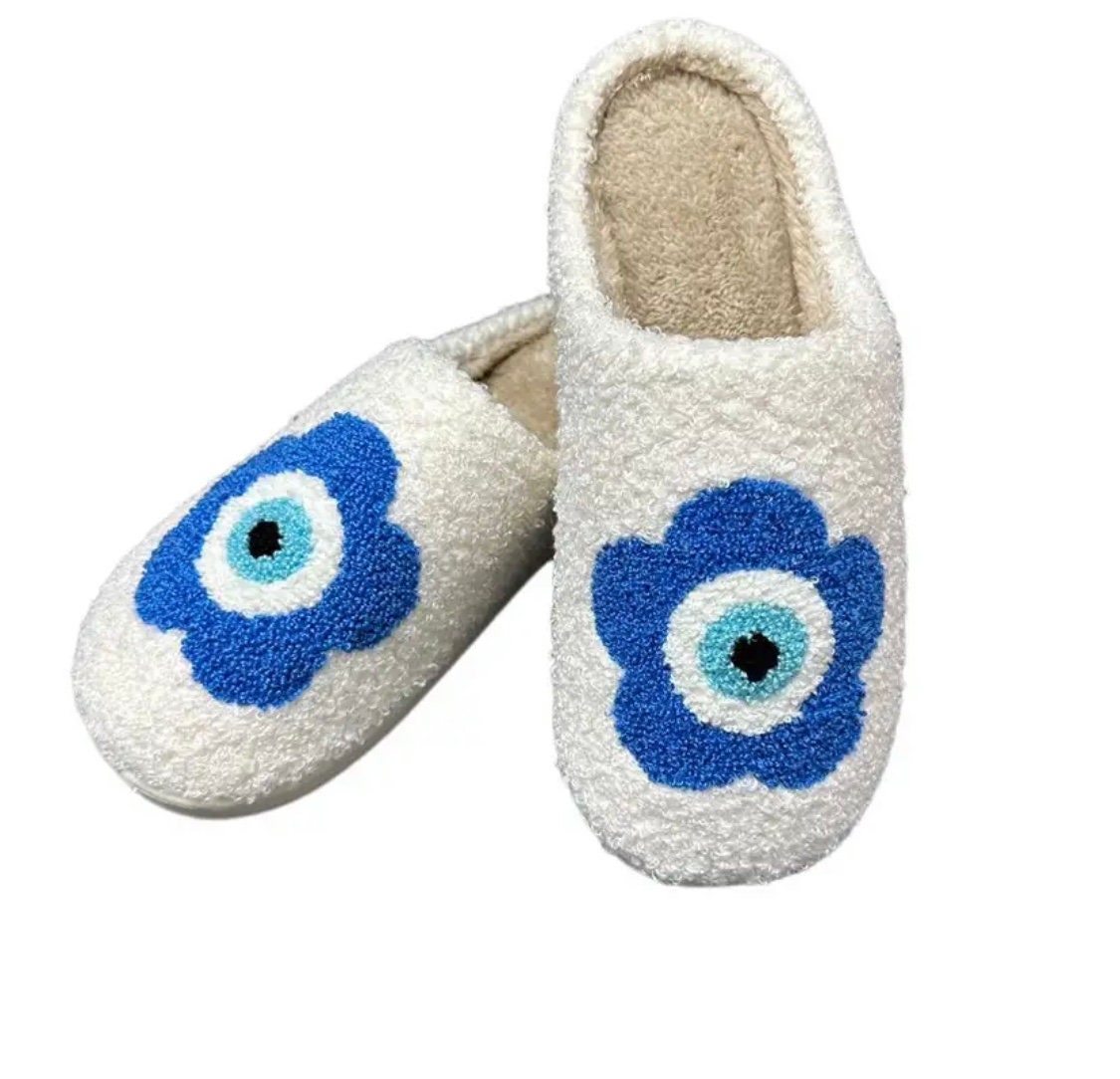 EVIL EYE SLIPPERS Adults Blue Turkish Nazar Flower Indoor Slip On ...
