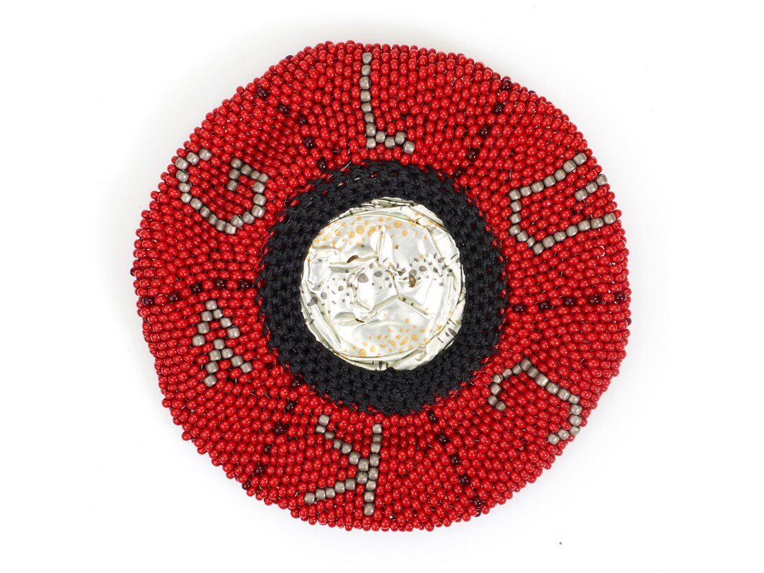 Good Luck to Pin, Red Round Brooch, Threaded With Rocaille Beads Unique ...