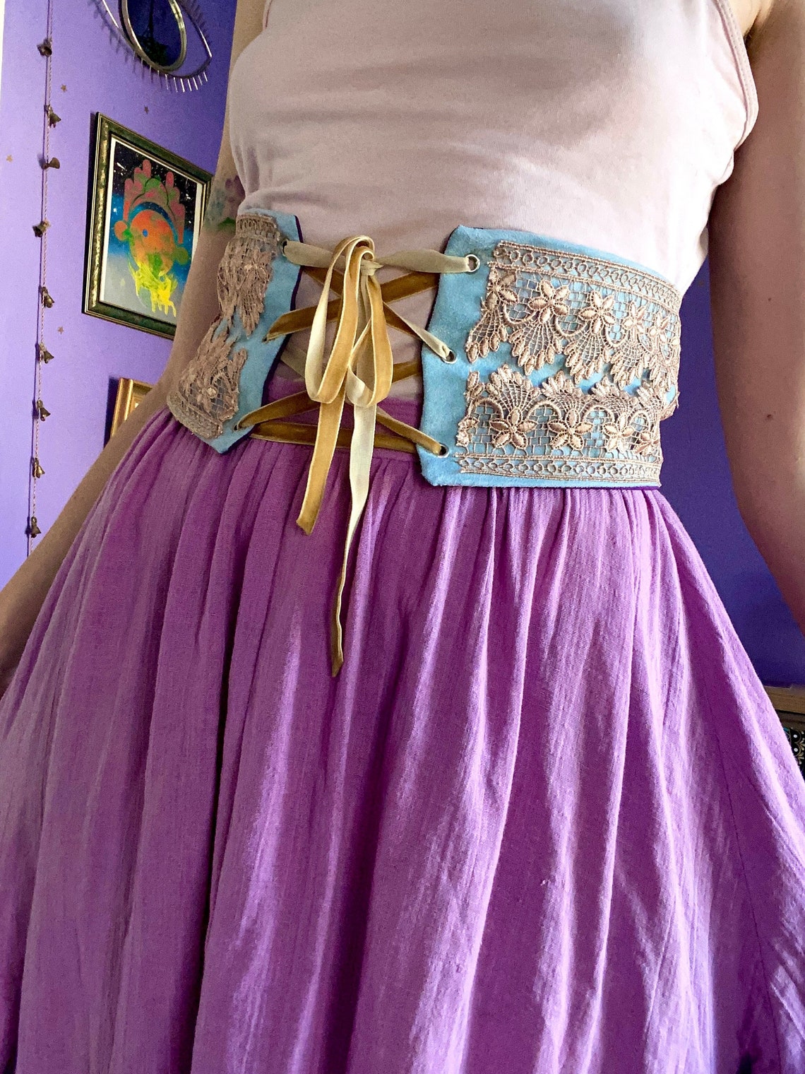 Handmade Sky Blue Faux Suede, Gold Lace Waist Corset Belt, Fantasy ...