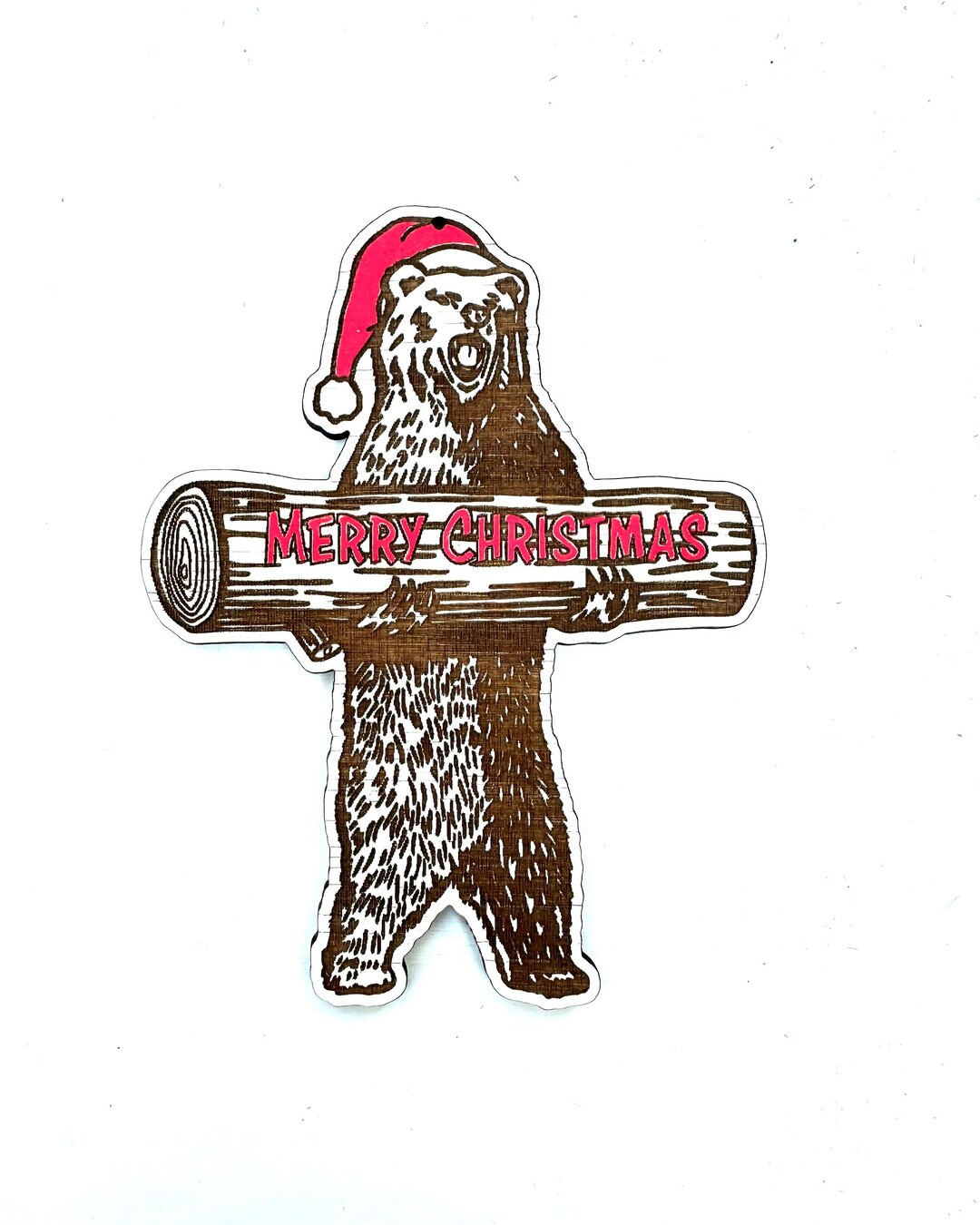 Grizzly Bear With Merry Christmas Log Baltic Birch Wood Engraved ...