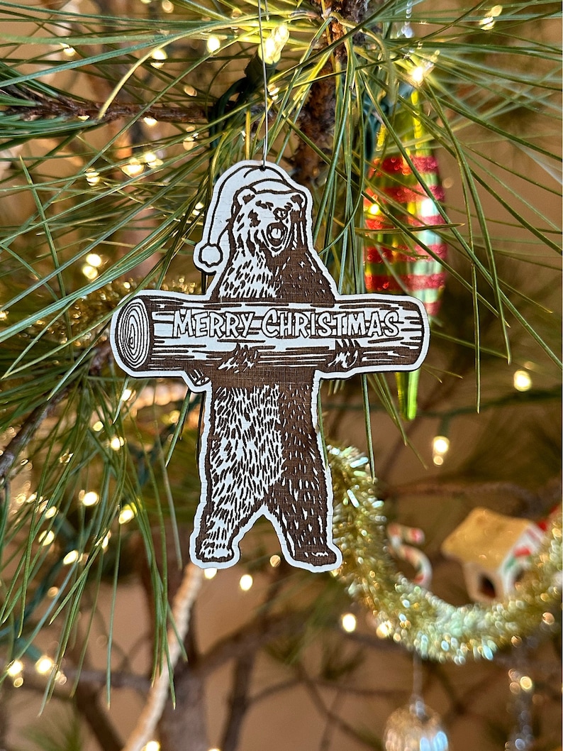 Grizzly Bear With Merry Christmas Log Baltic Birch Wood Engraved ...