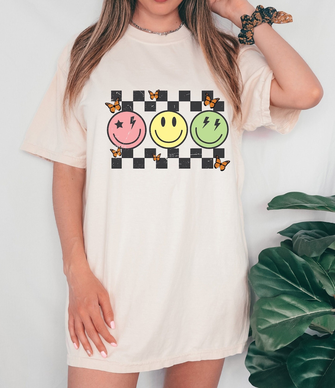 Checkered Pattern Smiley Face Shirt, Retro Smile Shirt, Trendy Smile ...