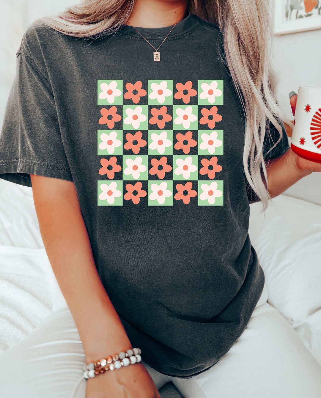 Retro Checked Flower T Shirt, Comfort Colors Vintage Inspired T Shirt ...