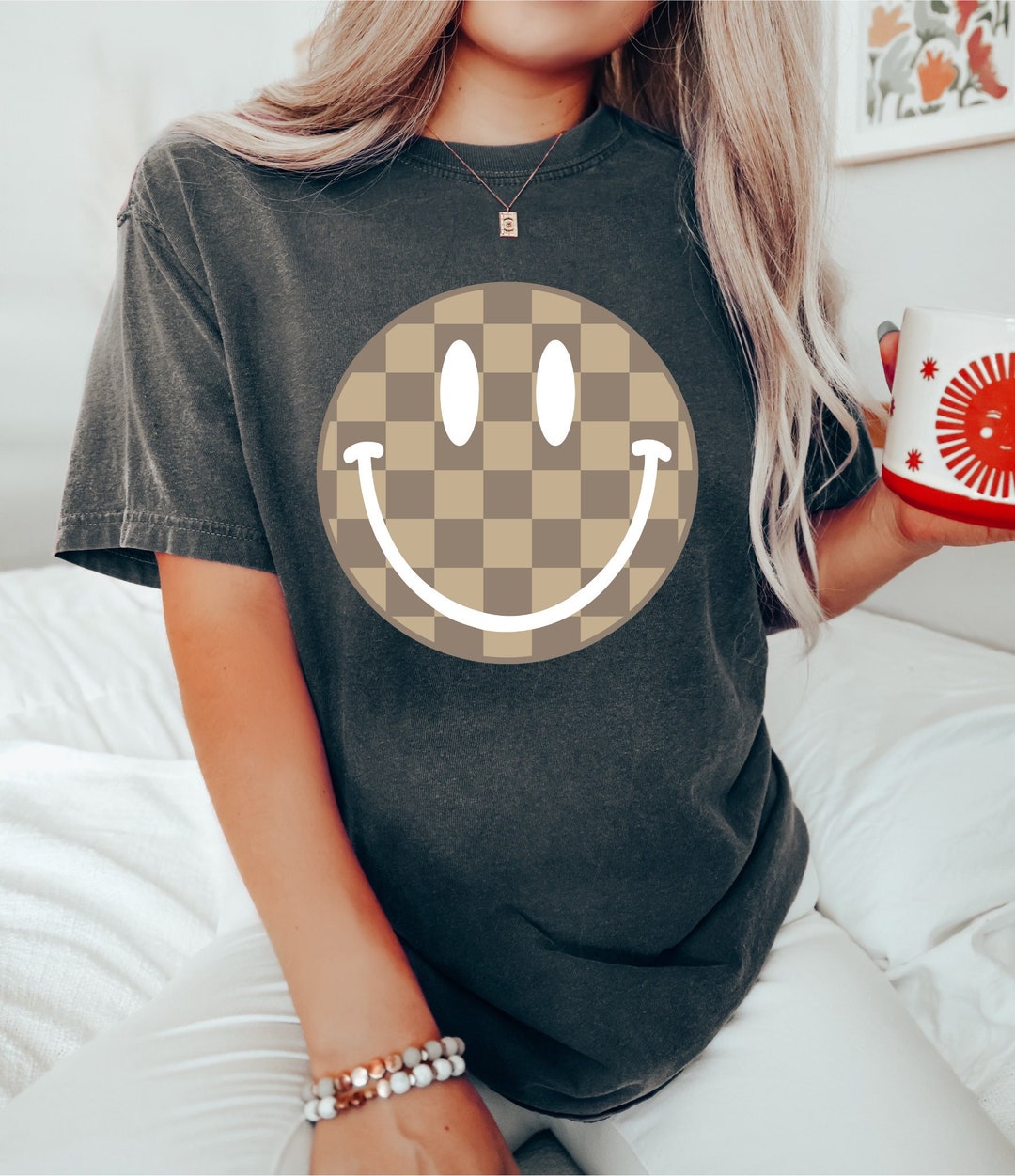 Checkered Pattern Smiley Face Shirt, Retro Smile Shirt, Trendy Smile ...