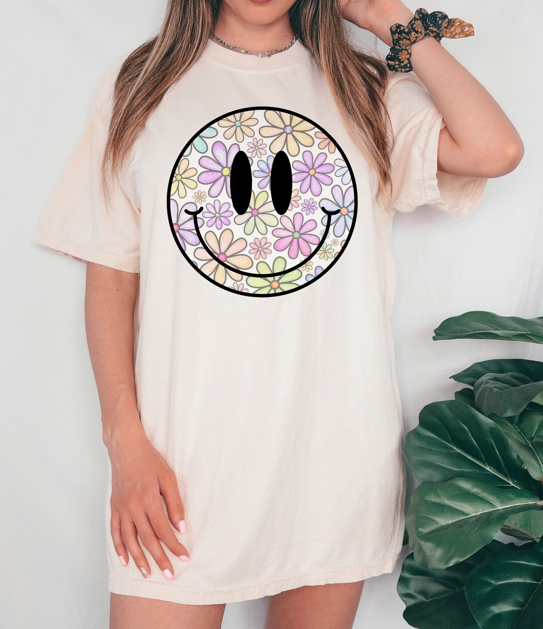 Daisy Flower Pattern Smiley Face Shirt, Retro Smile Shirt, Trendy Smile ...