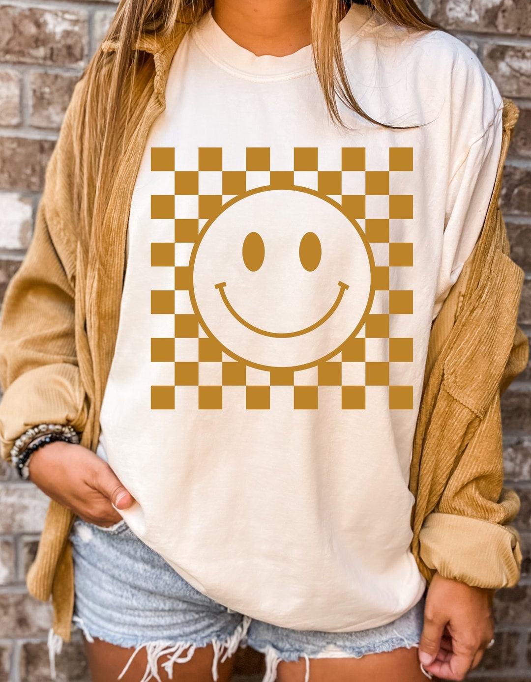 Checkered Pattern Smiley Shirt, Retro Smile Shirt, Trendy Smile Shirt ...