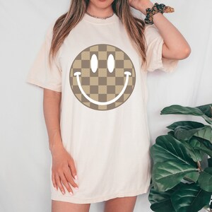 Checkered Pattern Smiley Face Shirt, Retro Smile Shirt, Trendy Smile ...