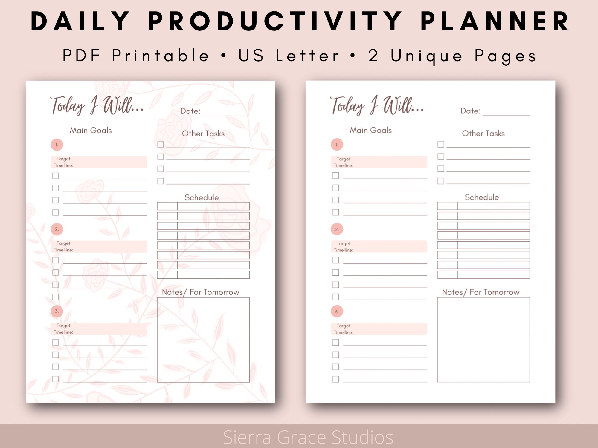Daily Productivity Planner PDF Printable, 2 Unique Pages, US Letter ...
