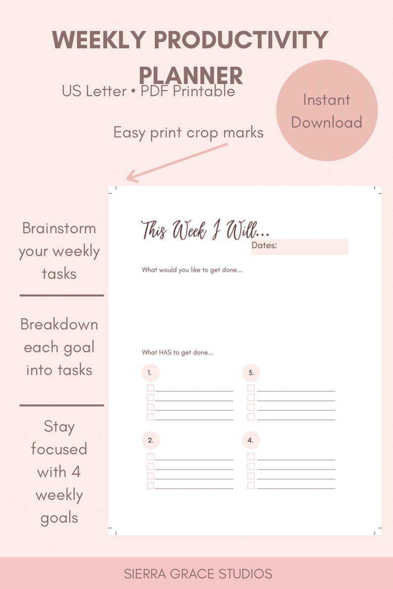 Weekly Productivity Planner PDF Printable 2 Unique Pages - Etsy