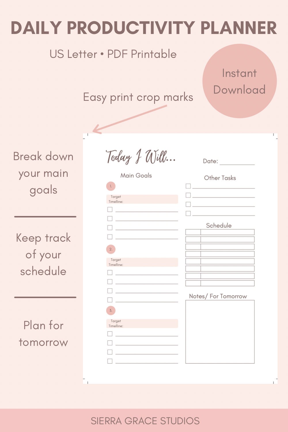 Daily Productivity Planner PDF Printable, 2 Unique Pages, US Letter ...
