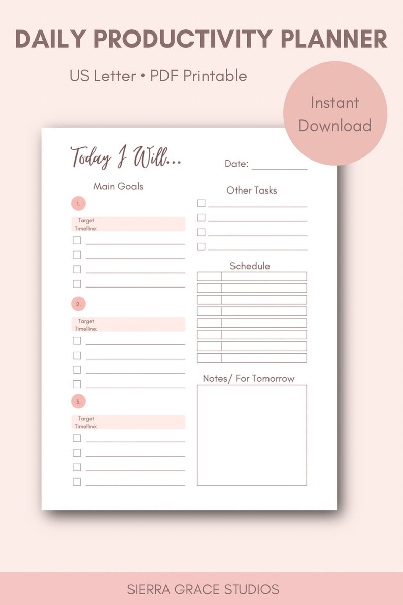 Daily Productivity Planner PDF Printable, 2 Unique Pages, US Letter ...