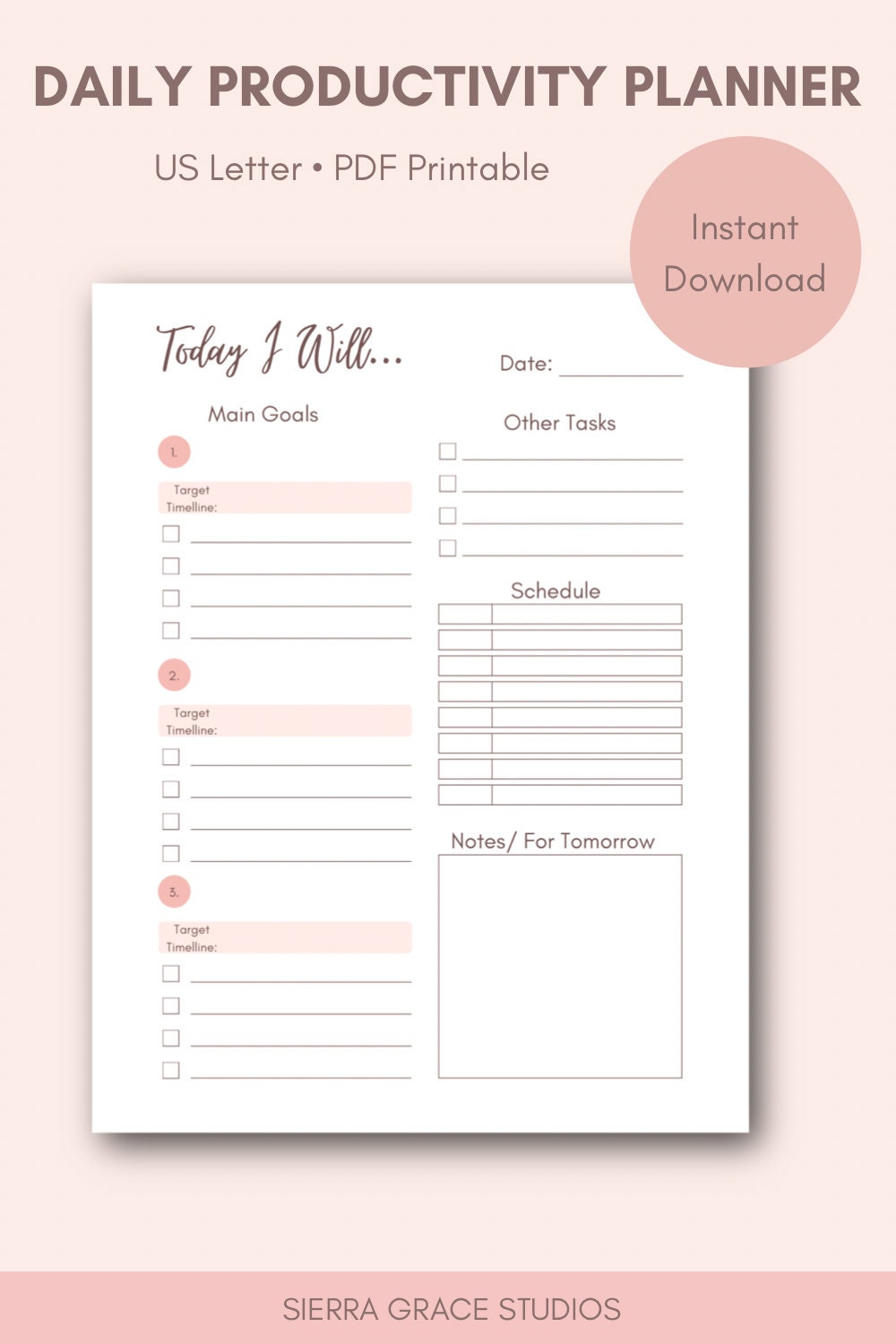Daily Productivity Planner PDF Printable, 2 Unique Pages, US Letter ...