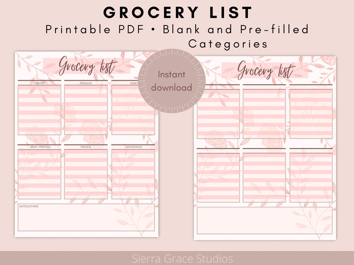 Grocery List Printable PDF Shopping Checklist Template Pre-filled and ...