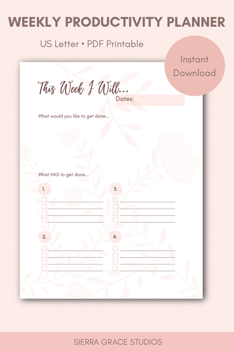 Weekly Productivity Planner PDF Printable 2 Unique Pages - Etsy
