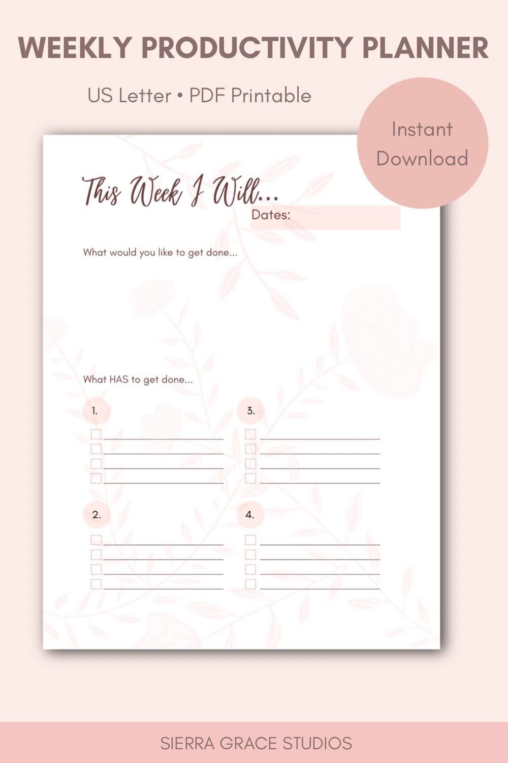 Weekly Productivity Planner PDF Printable 2 Unique Pages - Etsy