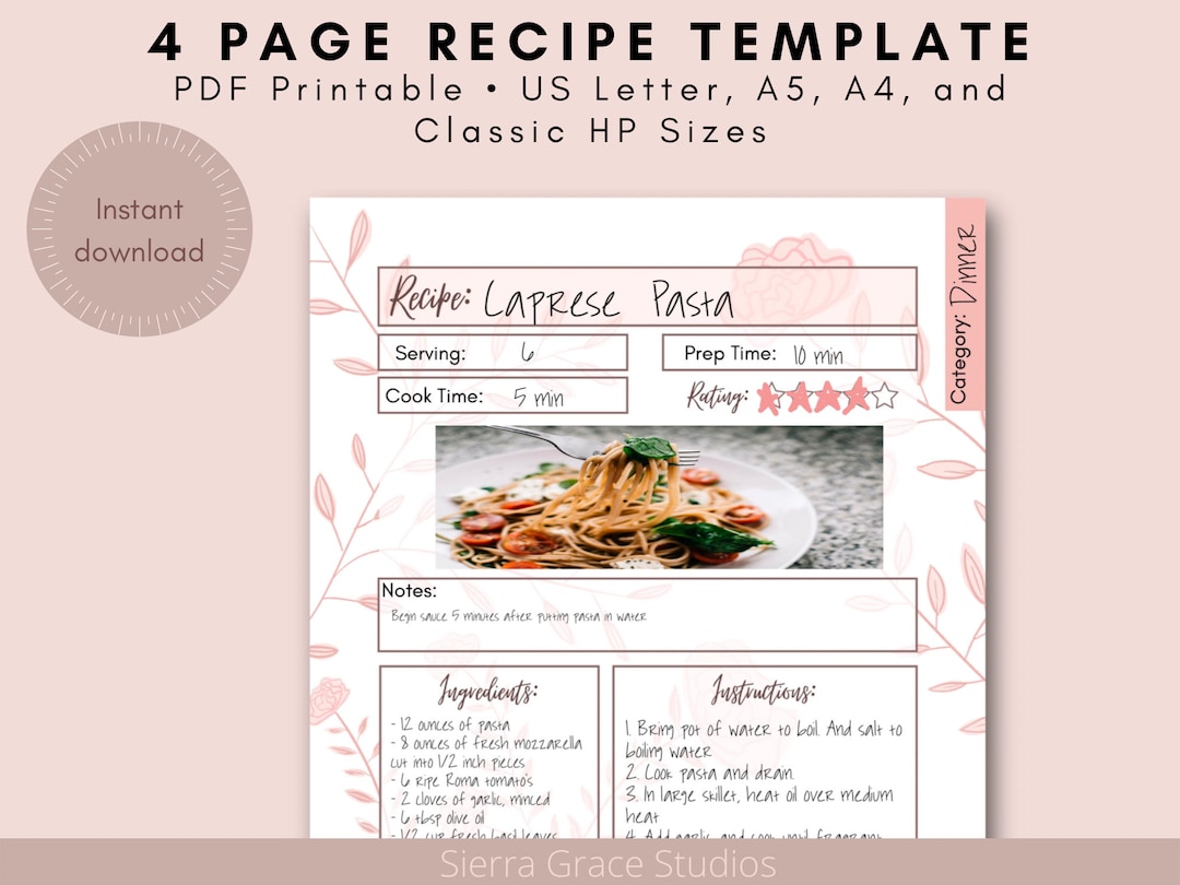 Recipe Template, PDF Printable, US Letter, Classic Happy Planner, A5 ...